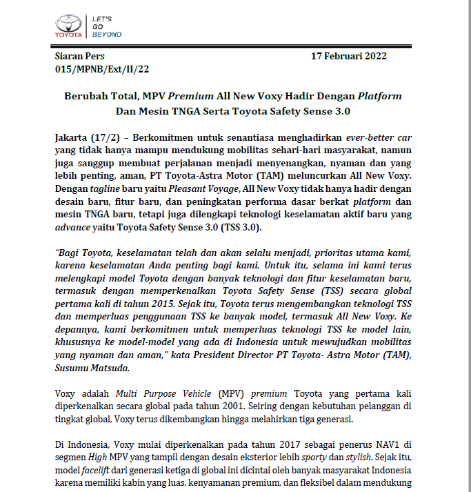 Berubah Total, MPV Premium All New Voxy Hadir Dengan Platform Dan Mesin TNGA Serta Toyota Safety ...